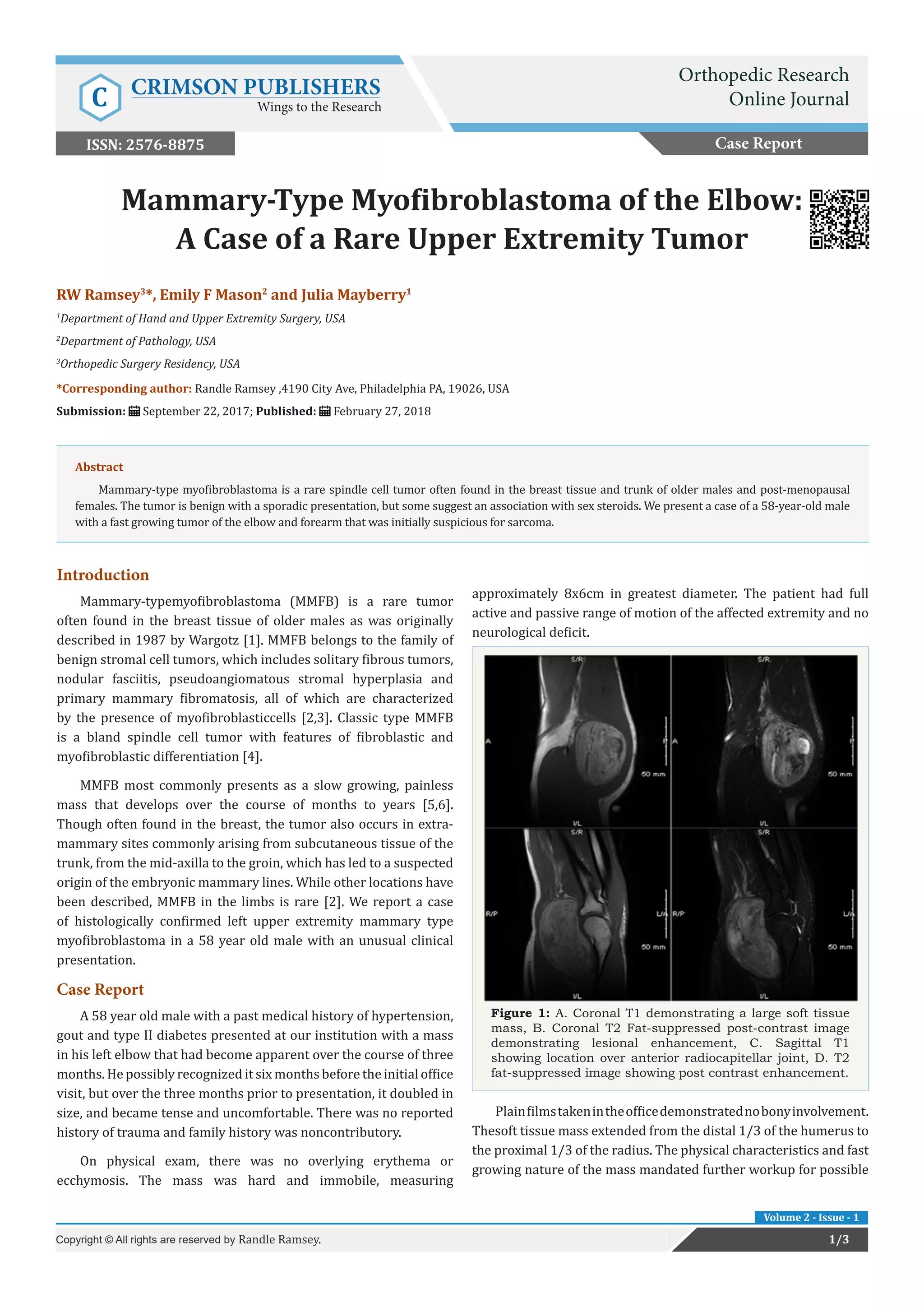 Mammary-Type Myofibroblastoma of the Elbow: A Case of a Rare Upper ...