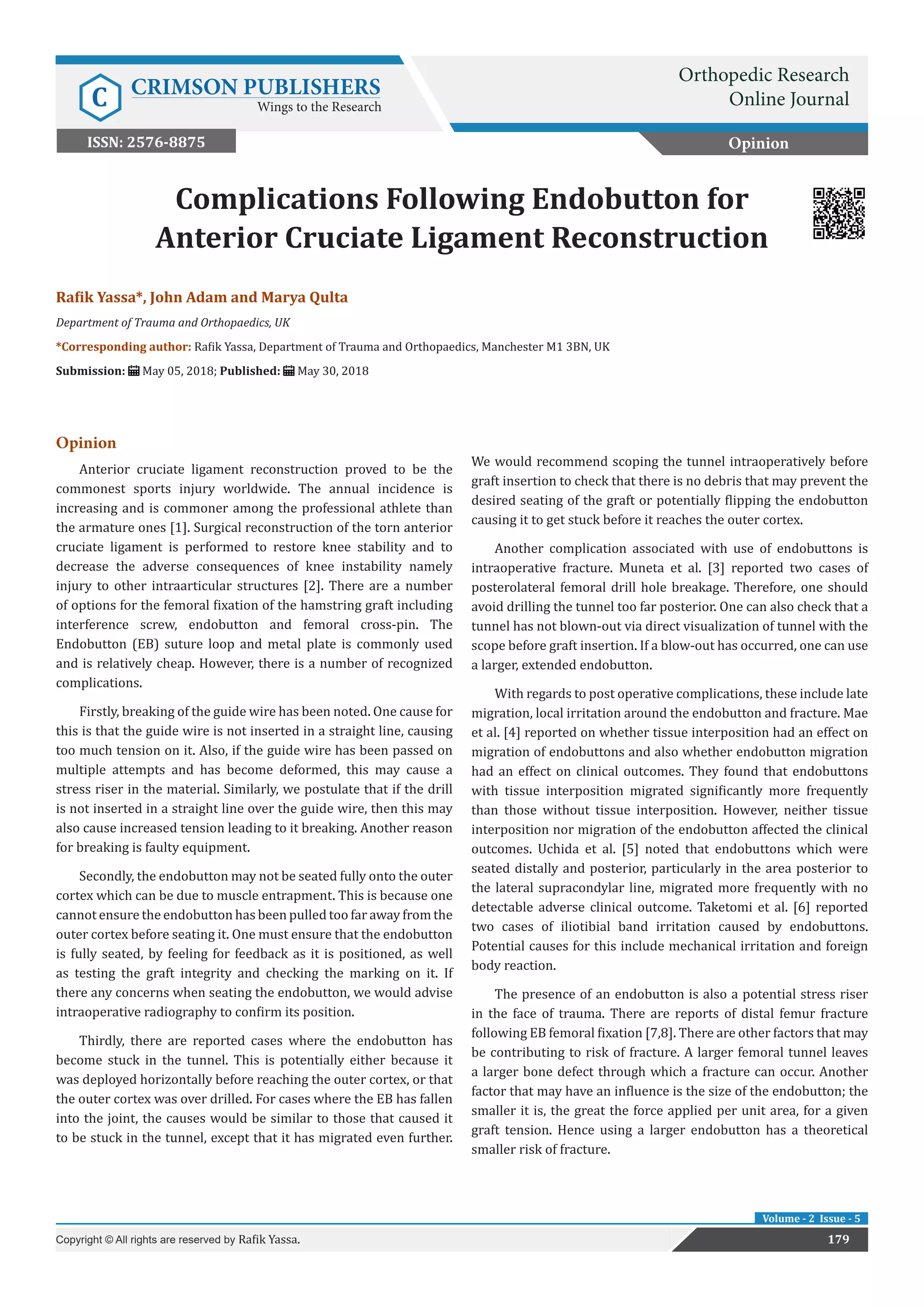 Complications Following Endobutton for Anterior Cruciate Ligament ...