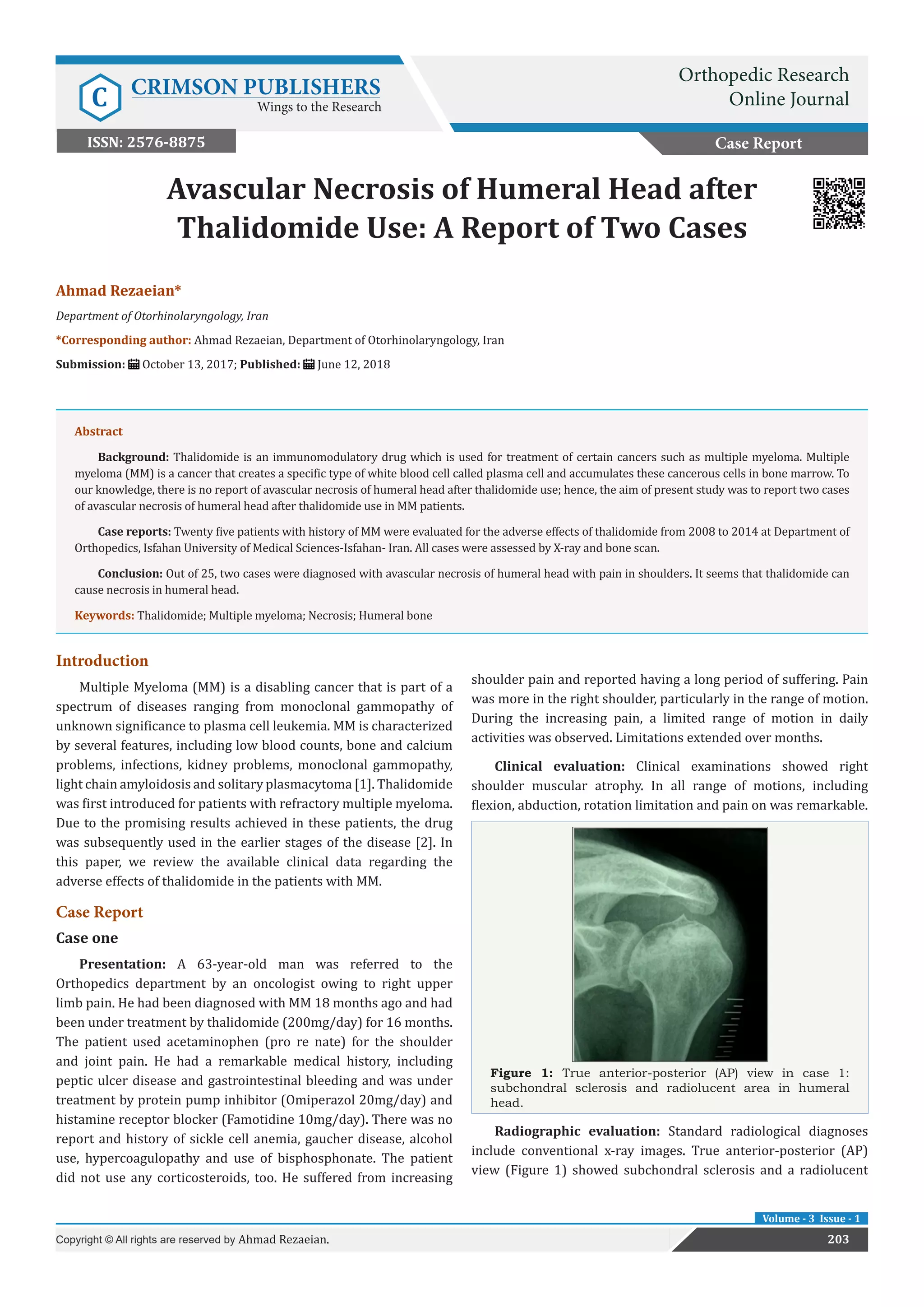 Avascular Necrosis of Humeral Head after Thalidomide Use: A Report of ...
