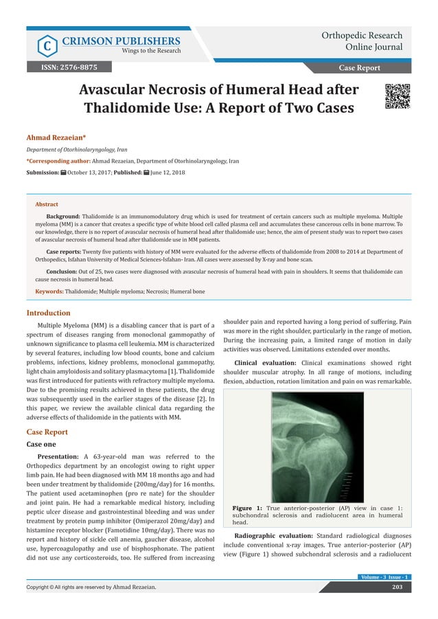 Avascular Necrosis of Humeral Head after Thalidomide Use: A Report of ...