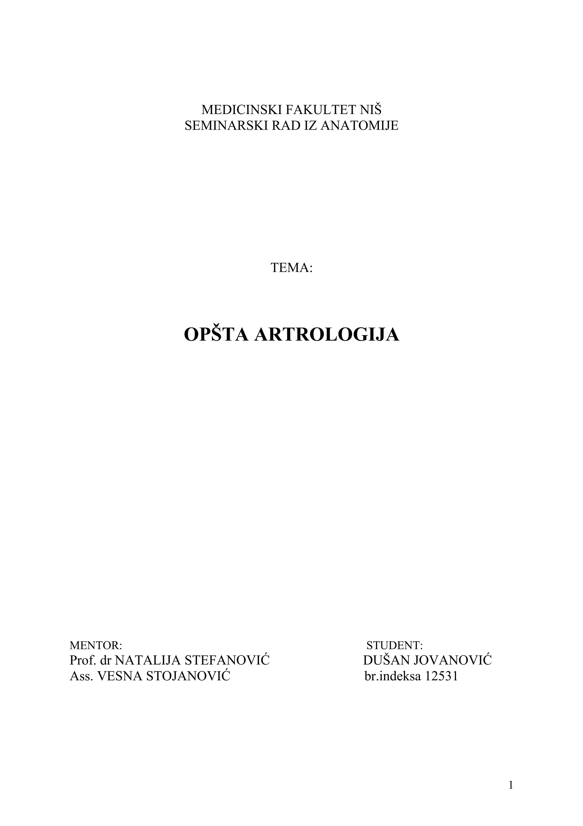 Opsta artrologija anatomija | DOC