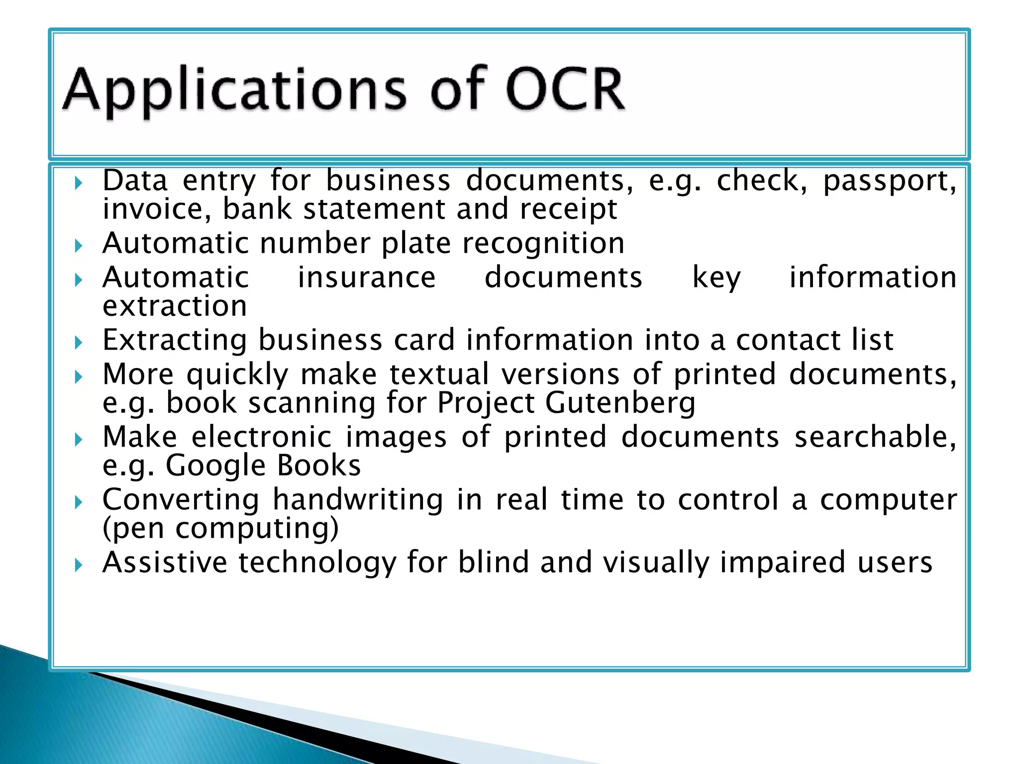 Optical character recognition (ocr) ppt | PPTX
