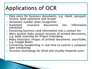 Optical character recognition (ocr) ppt | PPTX