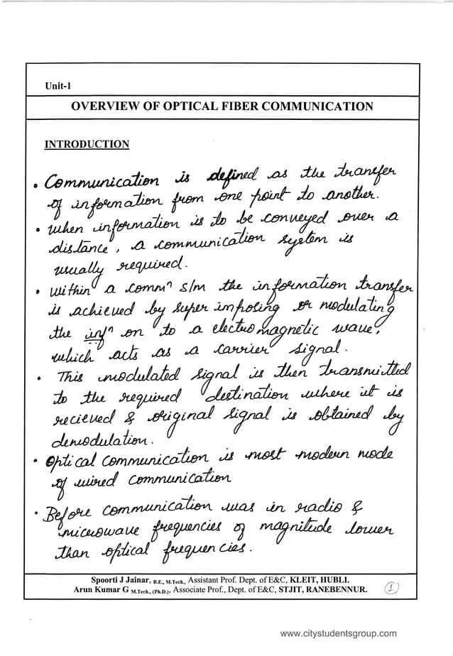 Optical fiber communication (Unit 1) notes written by Spoorti Arun ...