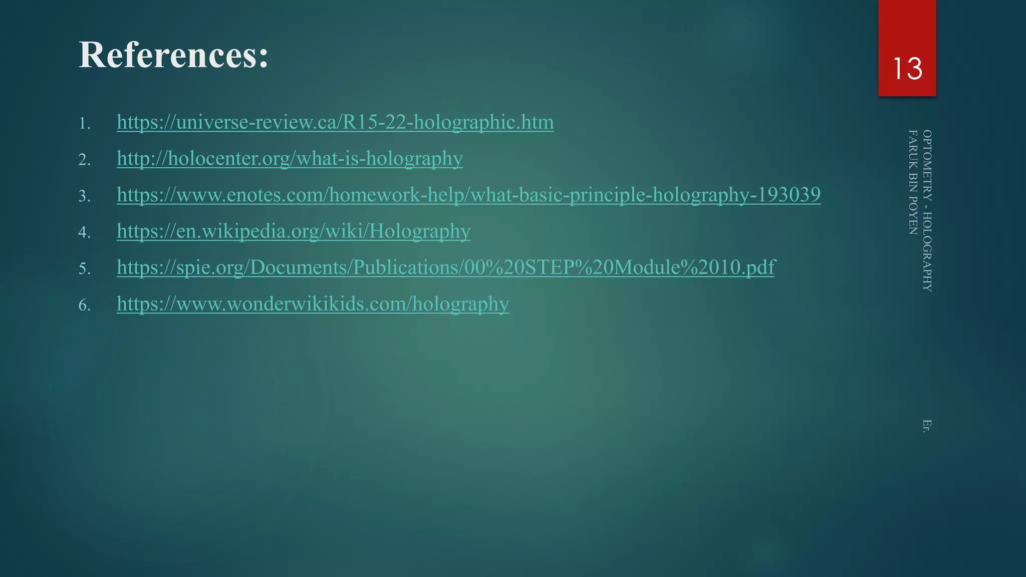 Optometry - Part VI - Holography | PDF