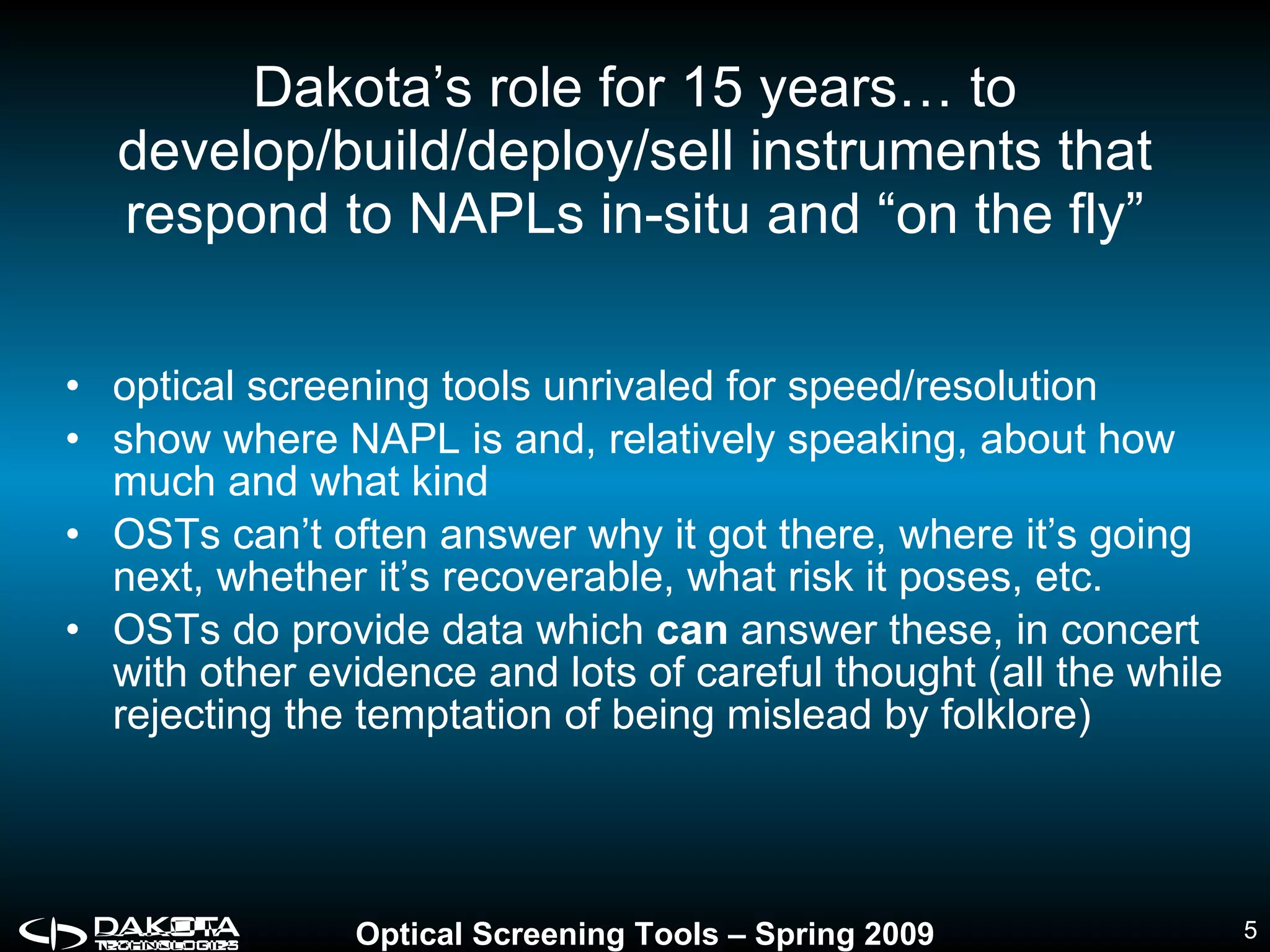 Optical Screening Tools For Characterizing NAPL Source Zones | PPS