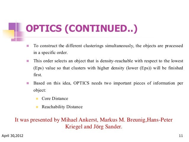 Optics ordering points to identify the clustering structure Optics ordering points to identify the clustering structure