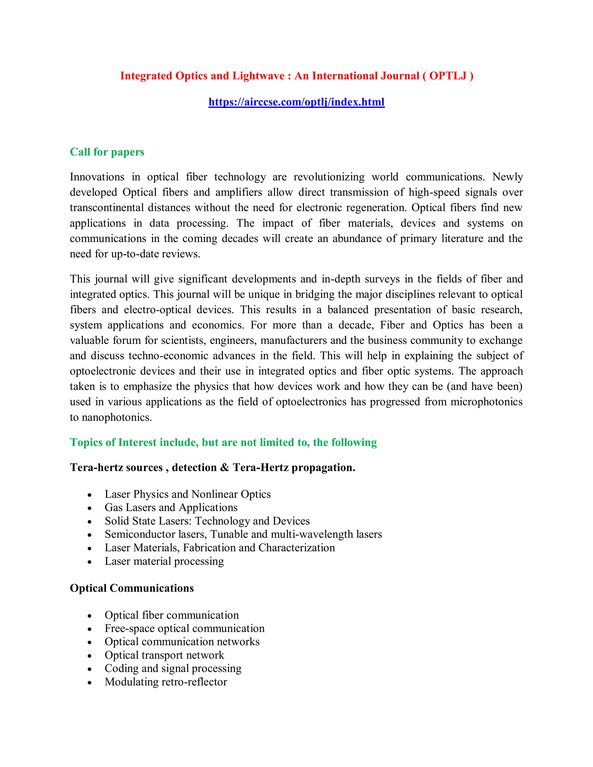 Integrated Optics and Lightwave : An International Journal ( OPTLJ ) | PDF