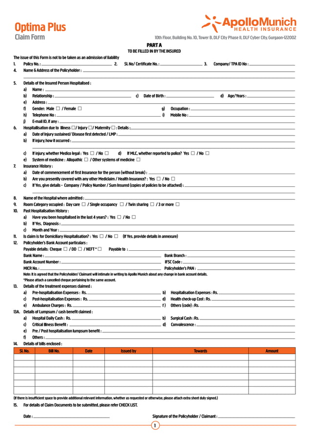 Apollo Munich Optima Plus Claim Form | PDF