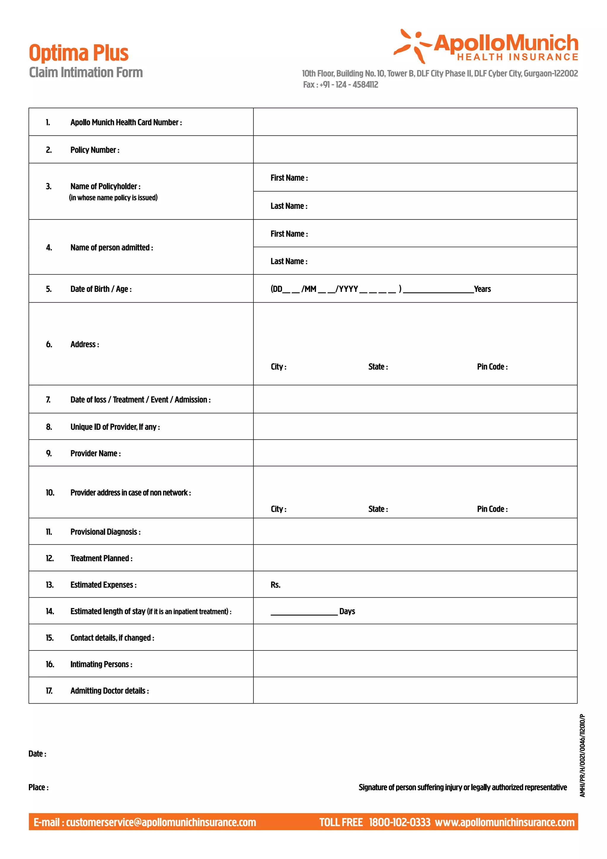 Apollo Munich Optima Plus Claim Intimation Form | PDF