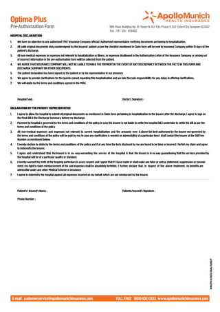 Apollo Munich Optima Plus Pre Authorisation Form | PDF