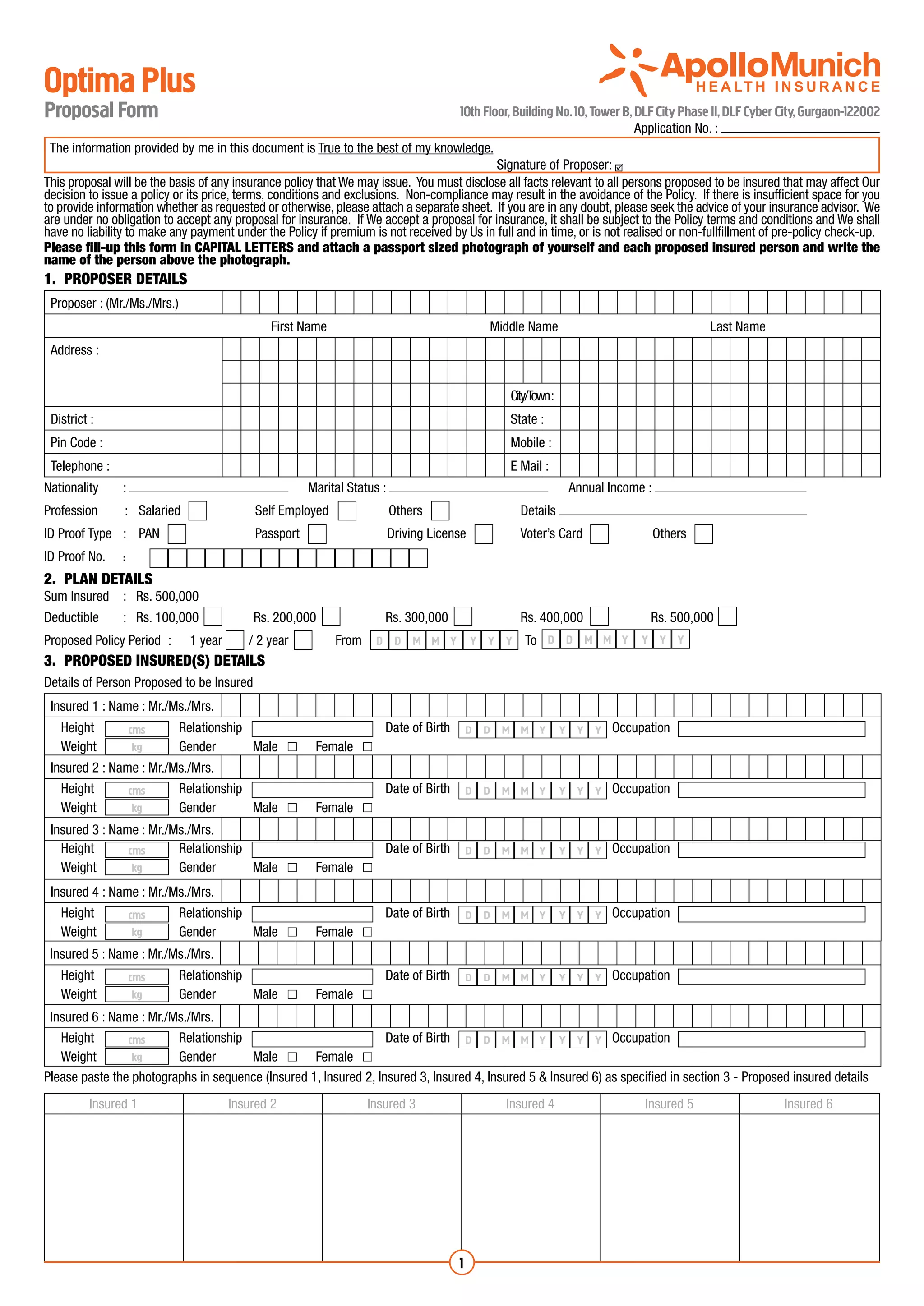 Apollo Munich Optima Plus Proposal Form | PDF