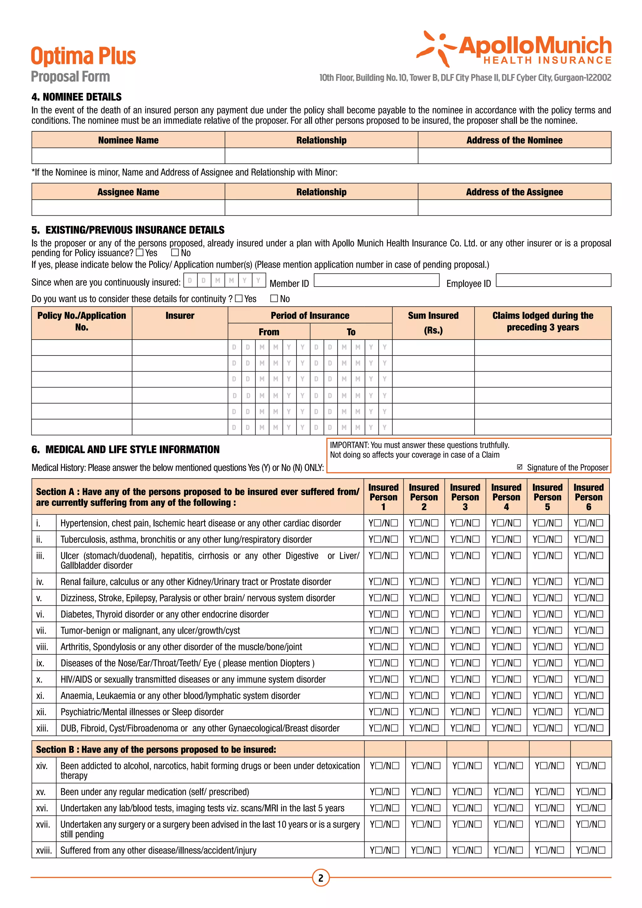 Apollo Munich Optima Plus Proposal Form | PDF