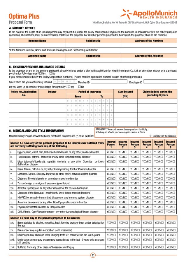 Apollo Munich Optima Plus Proposal Form | PDF