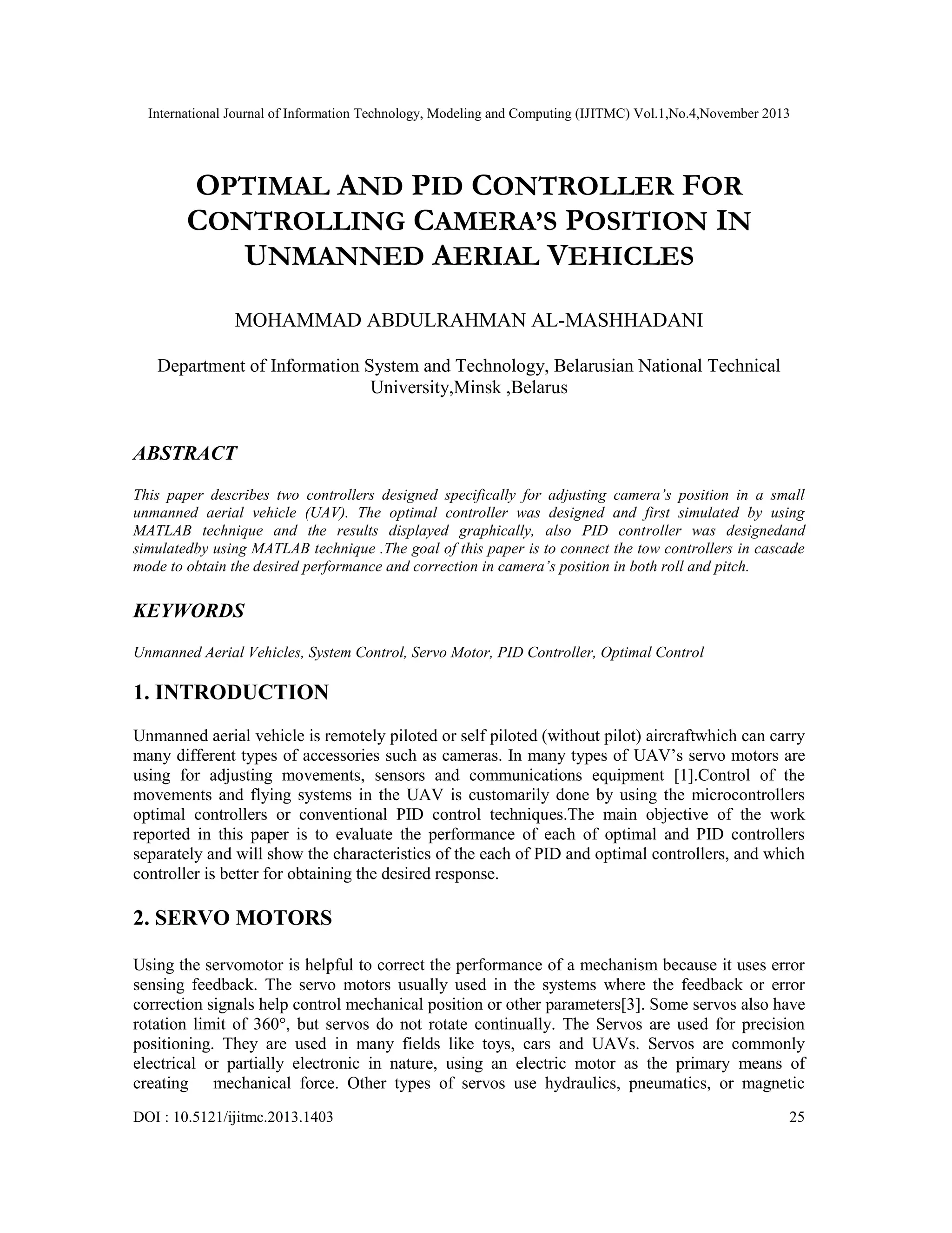 Optimal and pid controller for controlling camera’s position in ...