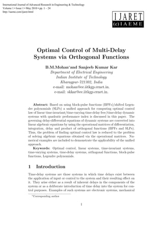 Optimal control of multi delay systems via orthogonal functions | PDF
