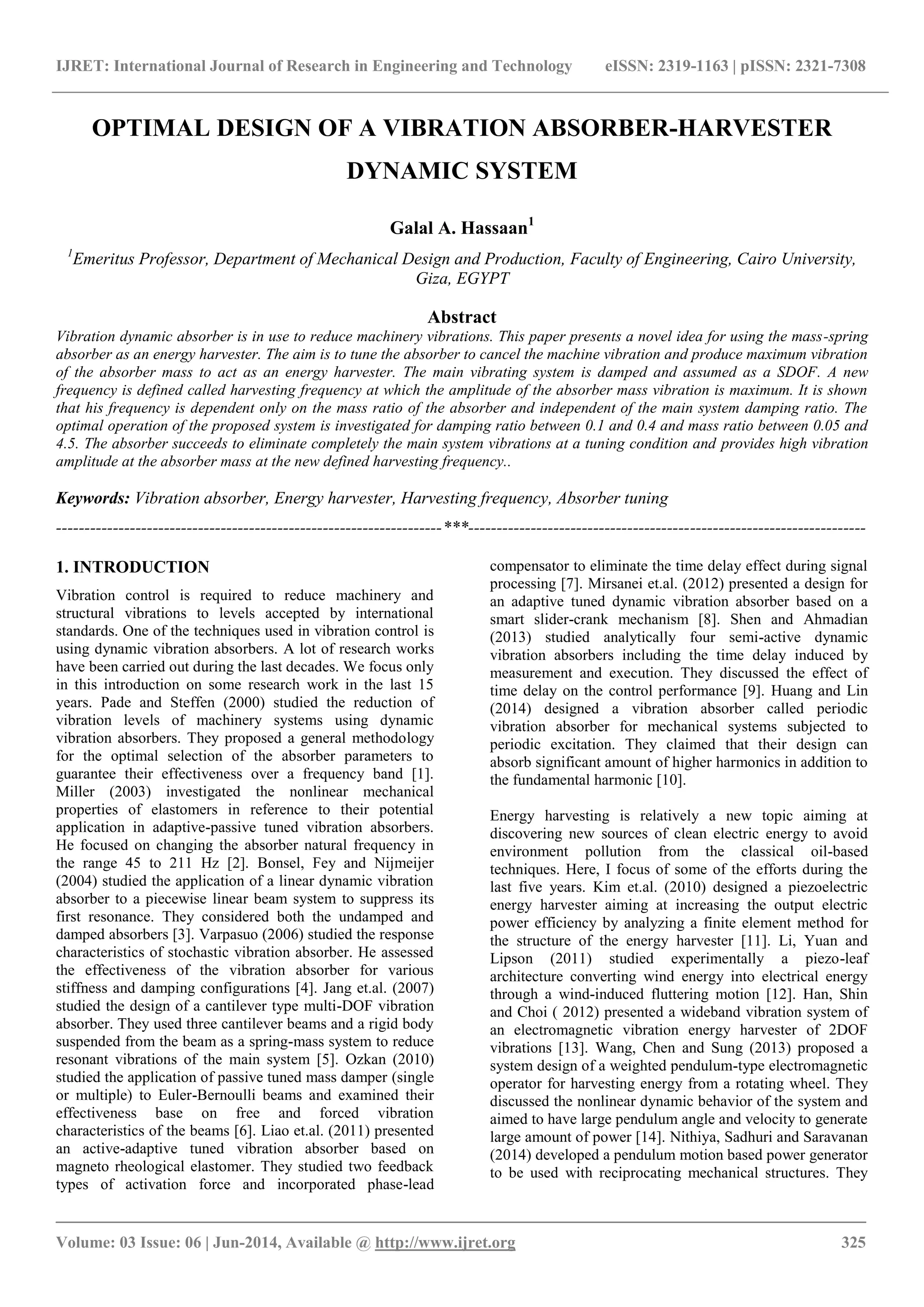 Optimal design of a vibration absorber harvester dynamic system | PDF