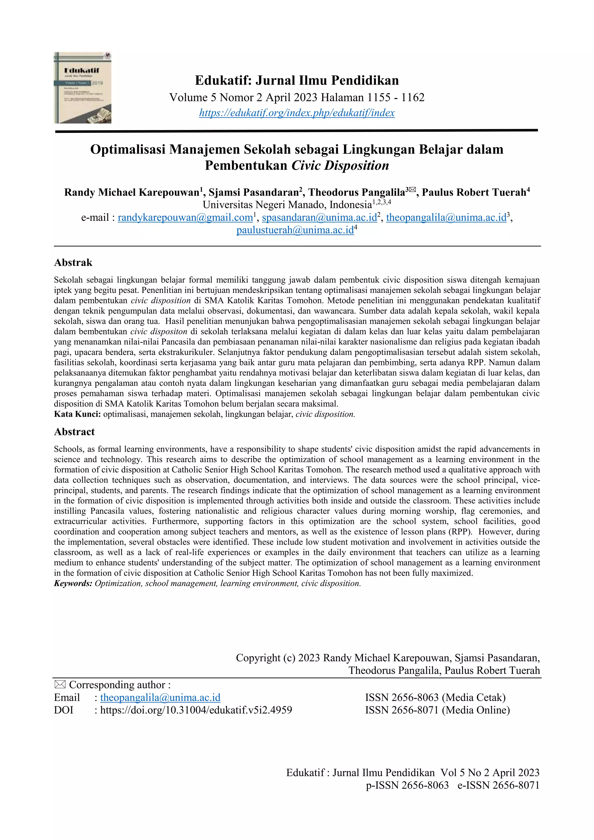 Optimalisasi Manajemen Sekolah sebagai Lingkungan Belajar dalam Pembentukan Civic Disposition | PDF