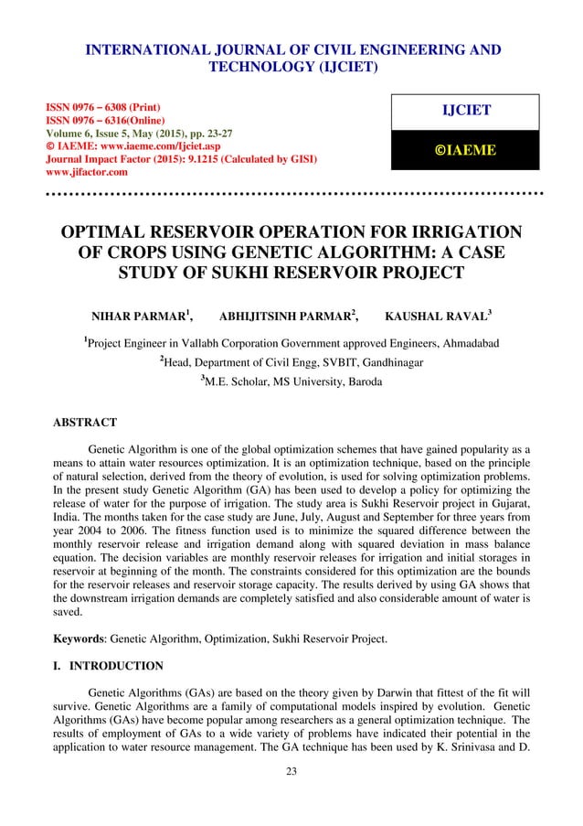 OPTIMAL RESERVOIR OPERATION FOR IRRIGATION OF CROPS USING GENETIC ALGORITHM: A CASE STUDY OF ...