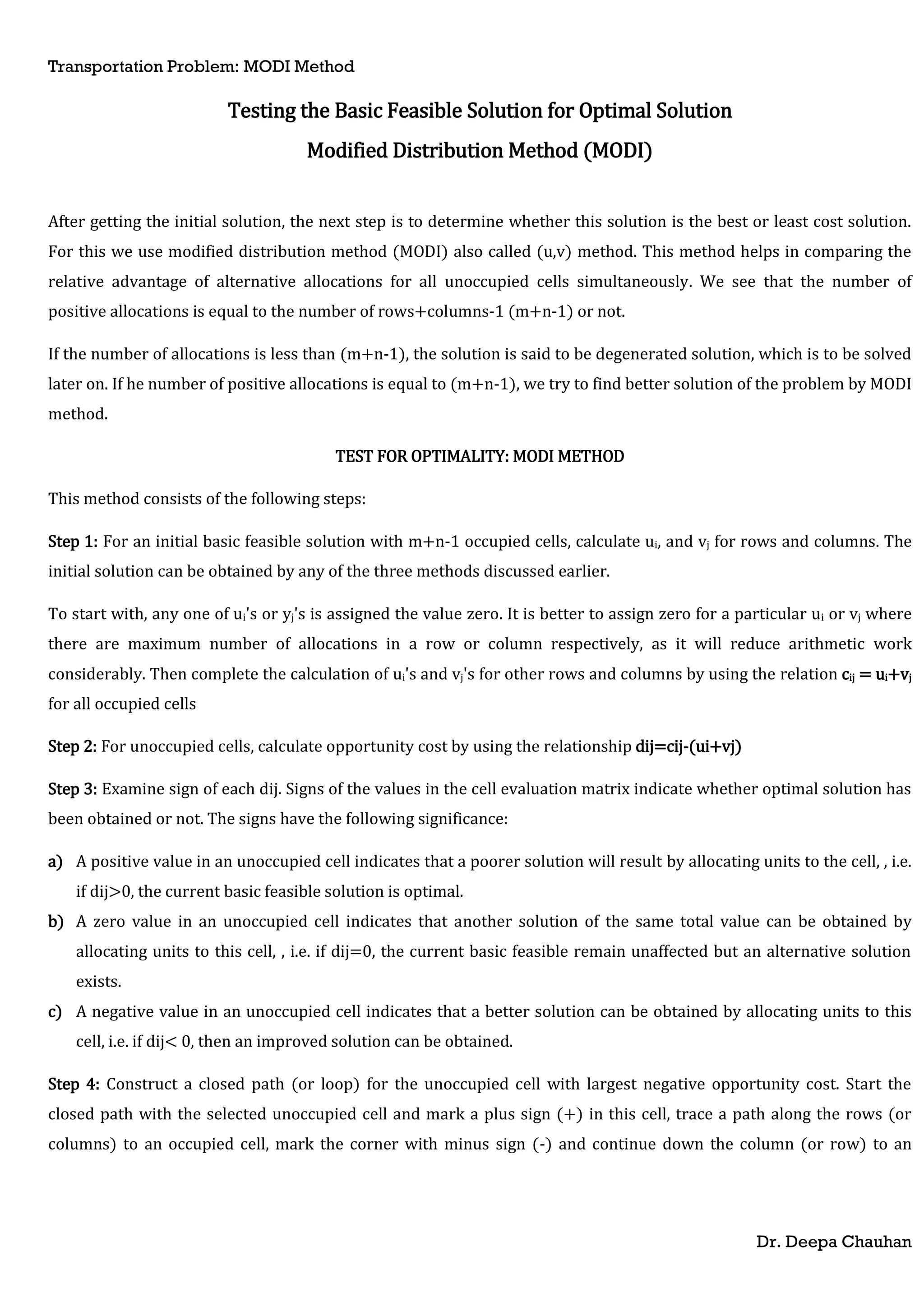 Optimal Solution by MODI Method | PDF