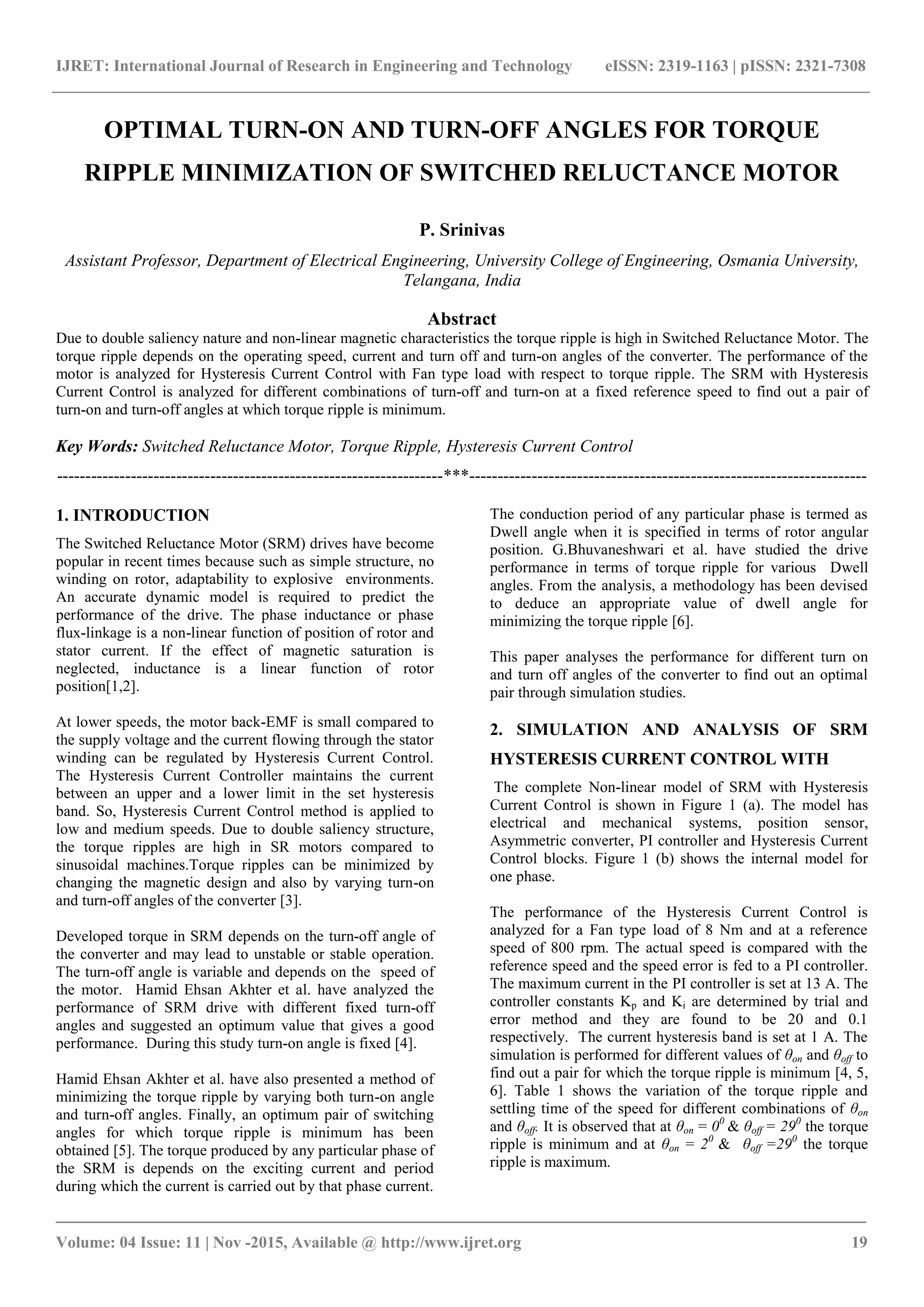 Optimal turn on and turn-off angles for torque ripple minimization of switched reluctance motor ...