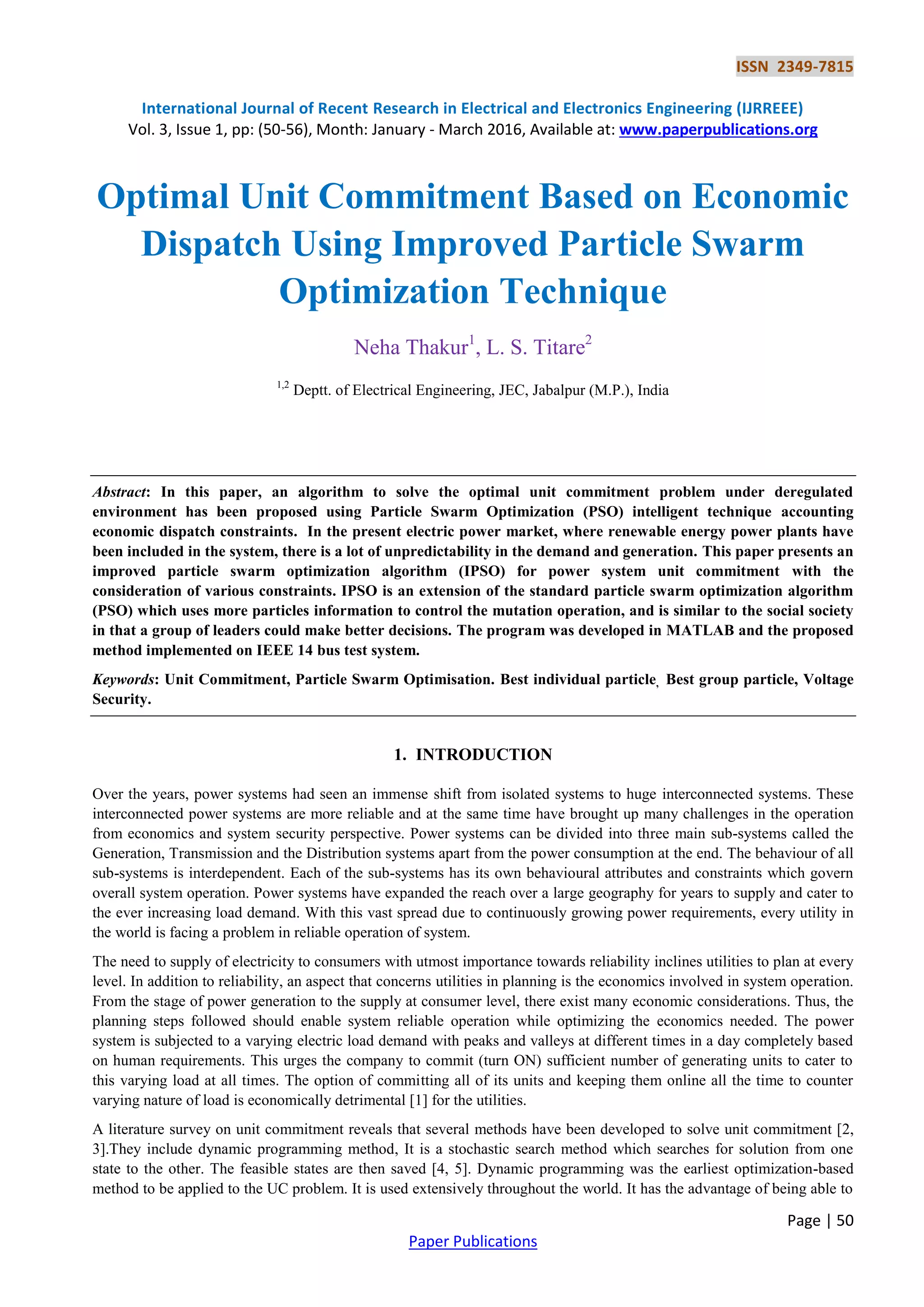 Optimal Unit Commitment Based On Economic Dispatch Using Improved Particle Swarm Optimization