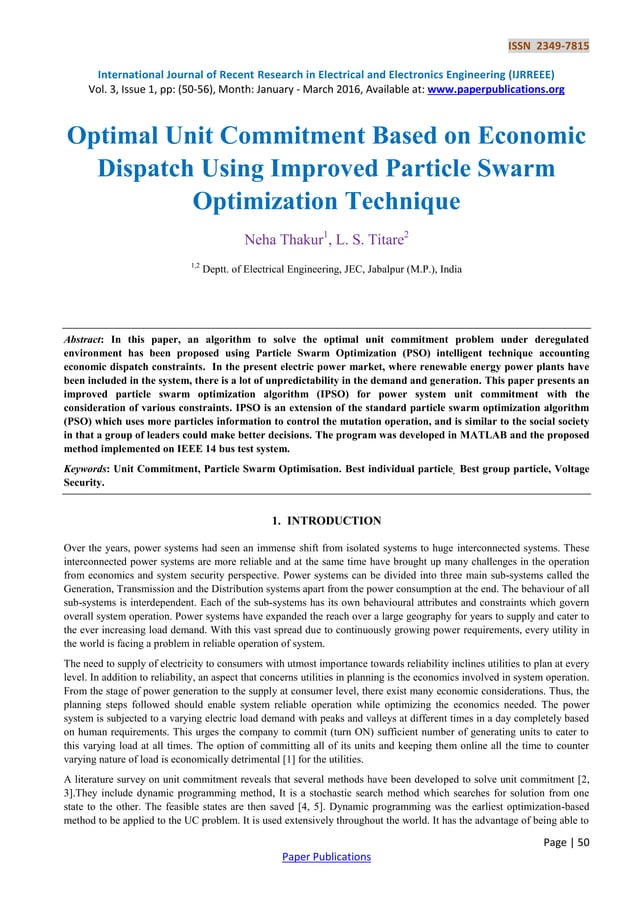 Optimal Unit Commitment Based On Economic Dispatch Using Improved Particle Swarm Optimization