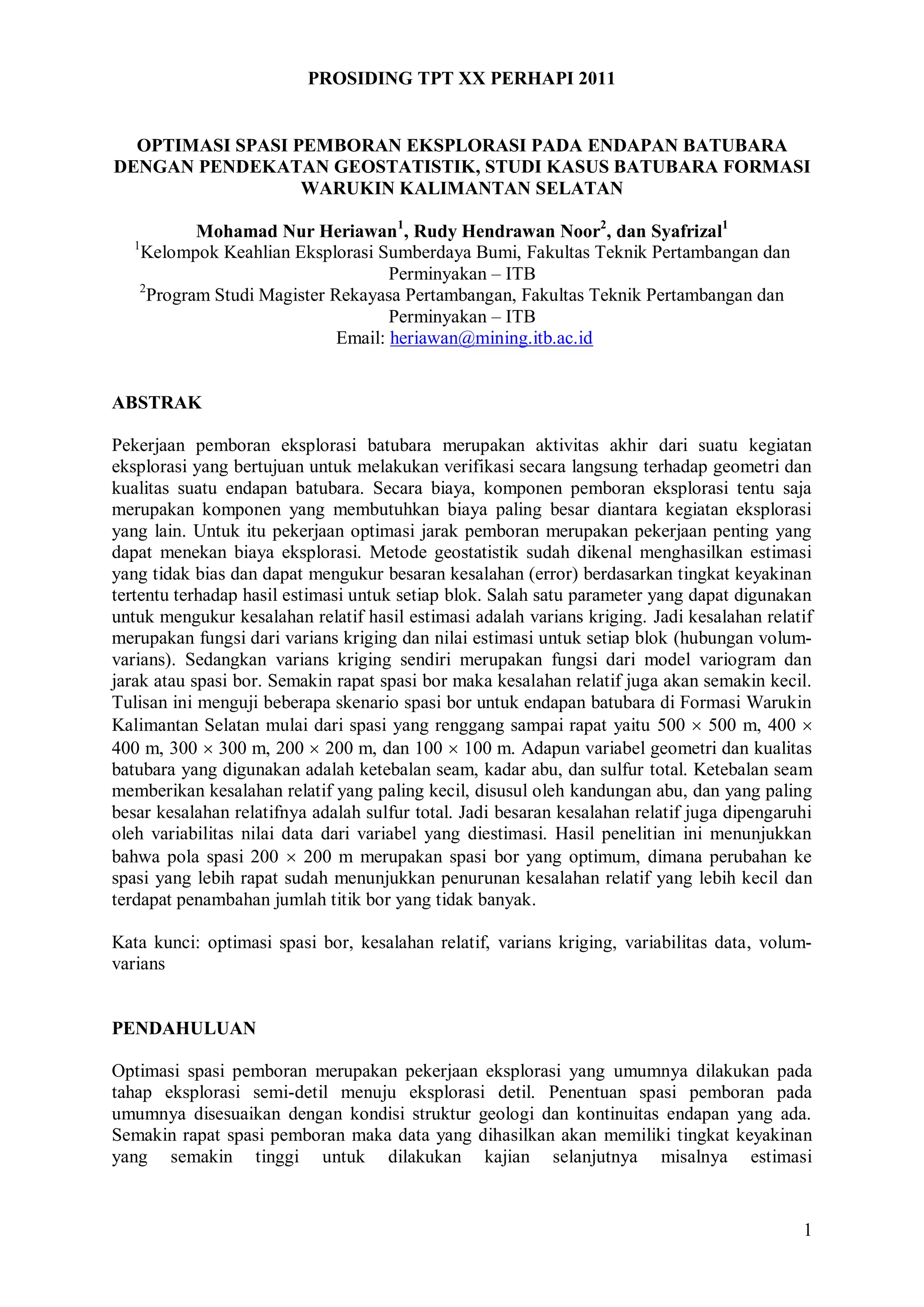 Optimasi spasi pemboran endapan batubara dengan pendekatan geostatistik 2011 | PDF