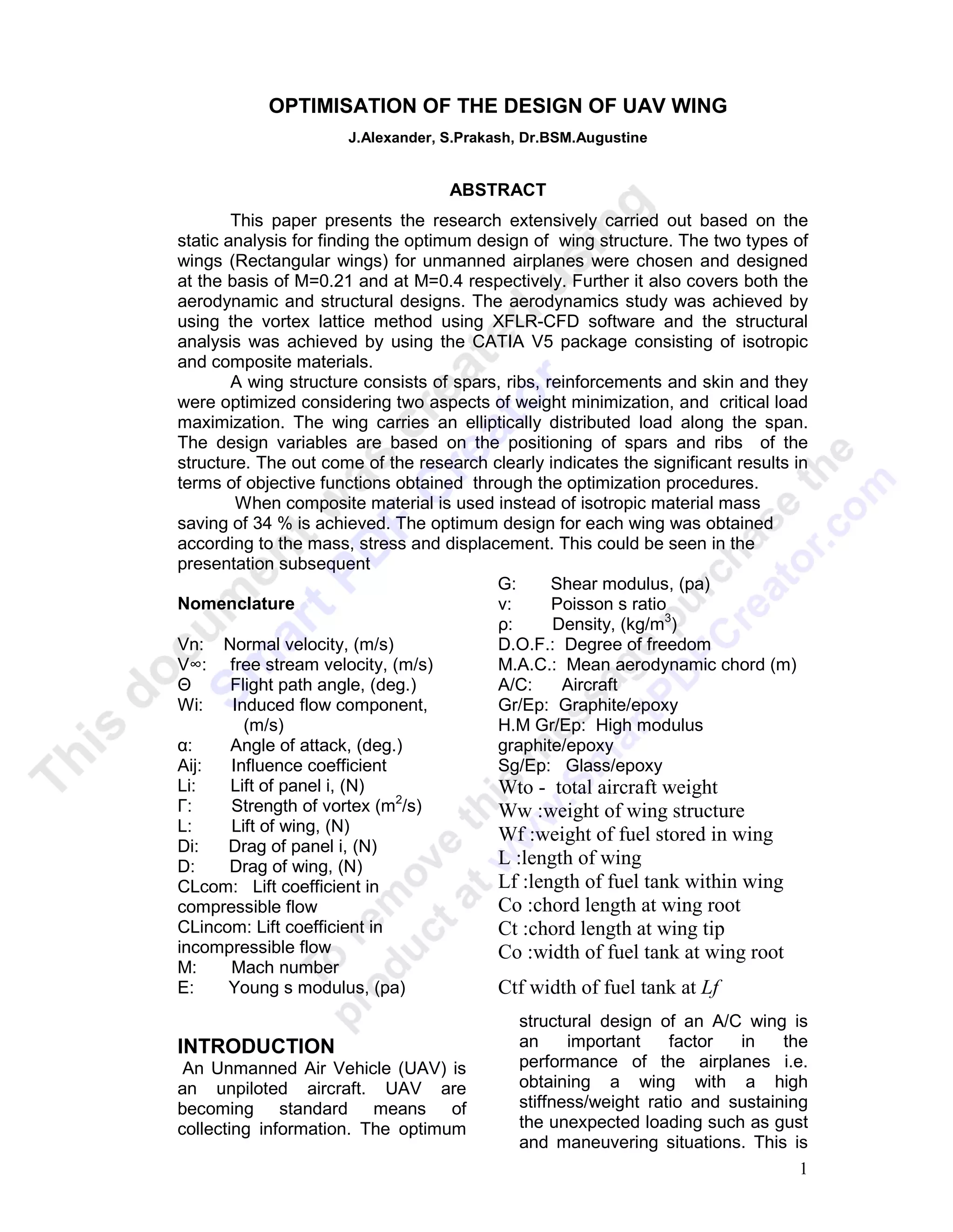 Optimisation of the design of uav wing j.alexander, Prakash, BSM ...