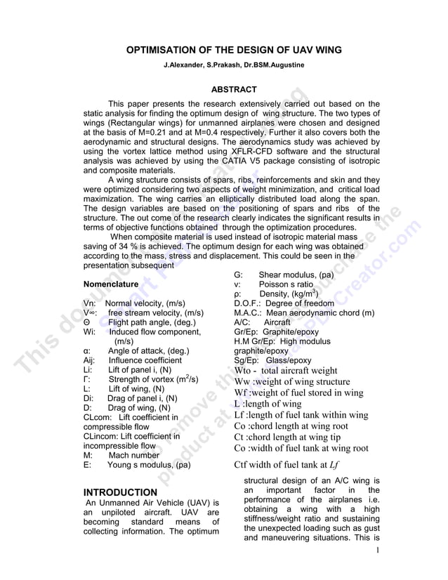 Optimisation of the design of uav wing j.alexander, Prakash, BSM Augustine | PDF