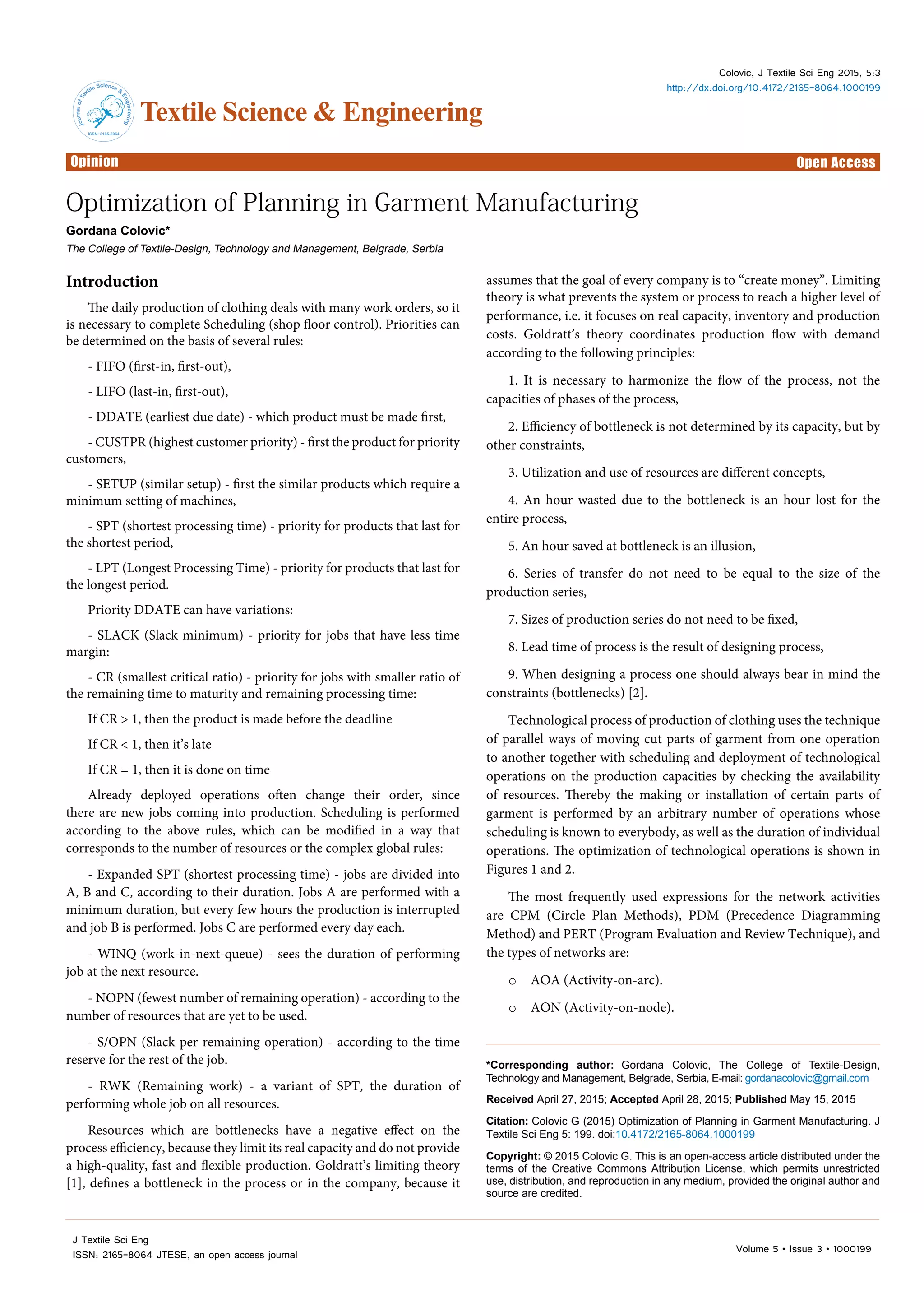 Optimization of planning in garment manufacturing | PDF