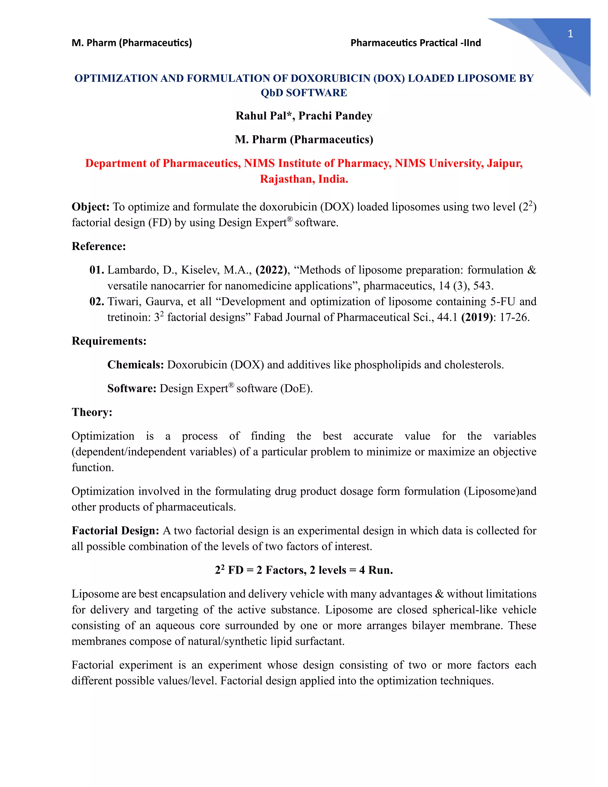 OPTIMIZATION AND FORMULATION OF DOXYCYLINE LOADED LIPOSOME BY QbD.pdf | Physics | Science
