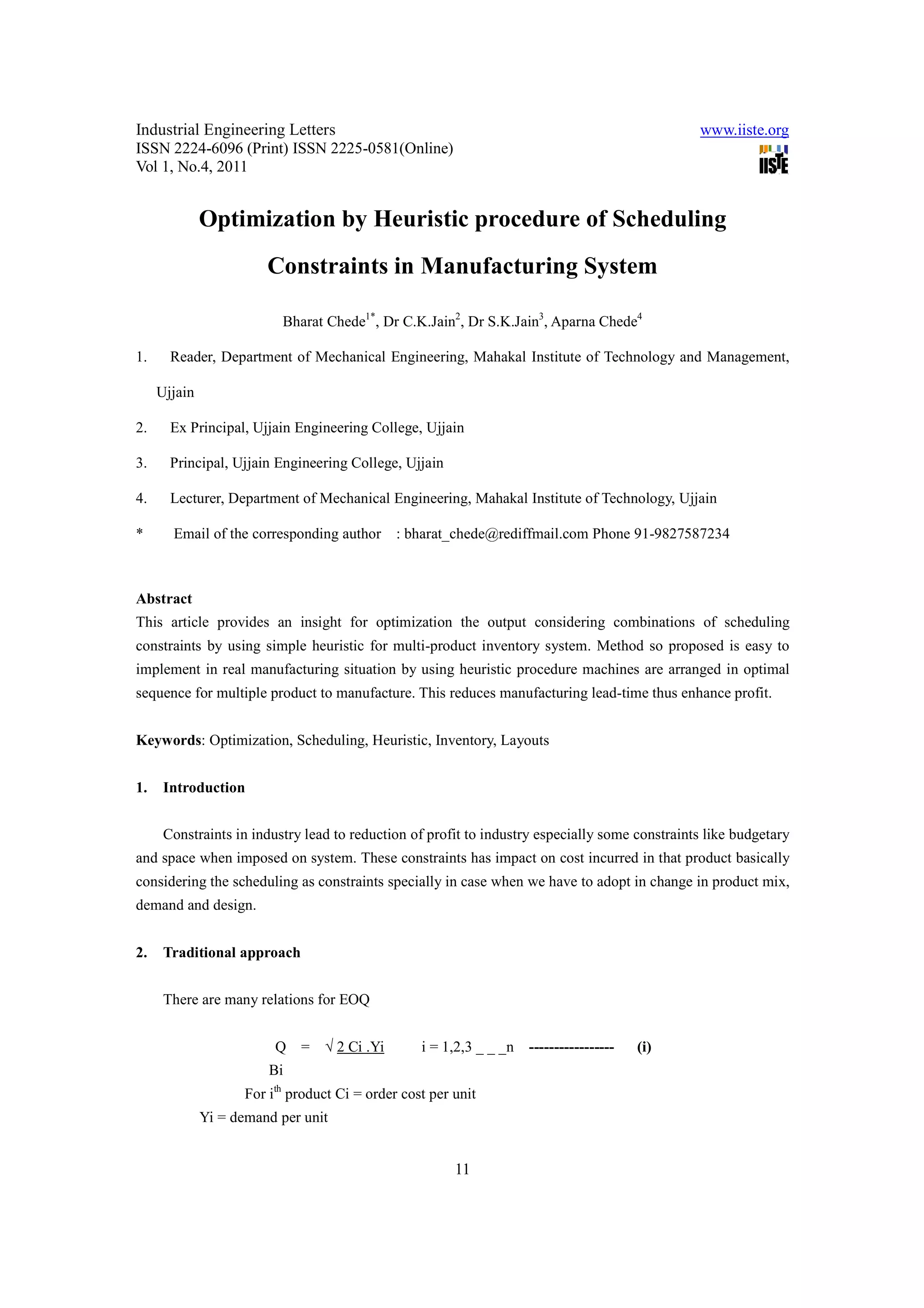 Optimization by heuristic procedure of scheduling constraints in ...