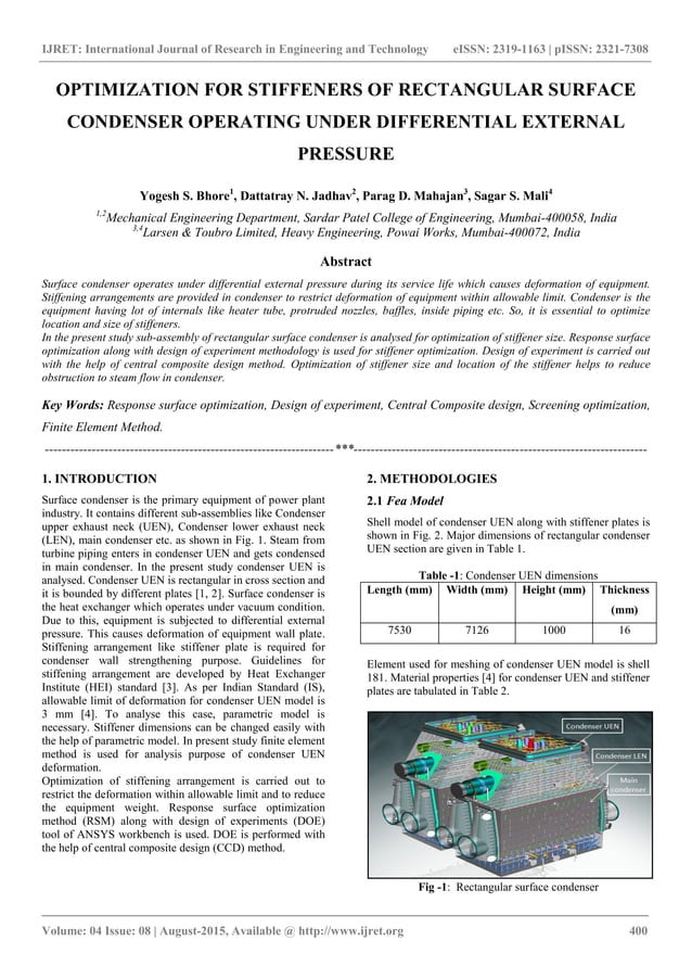 Optimization for stiffeners of rectangular surface condenser operating under differential ...