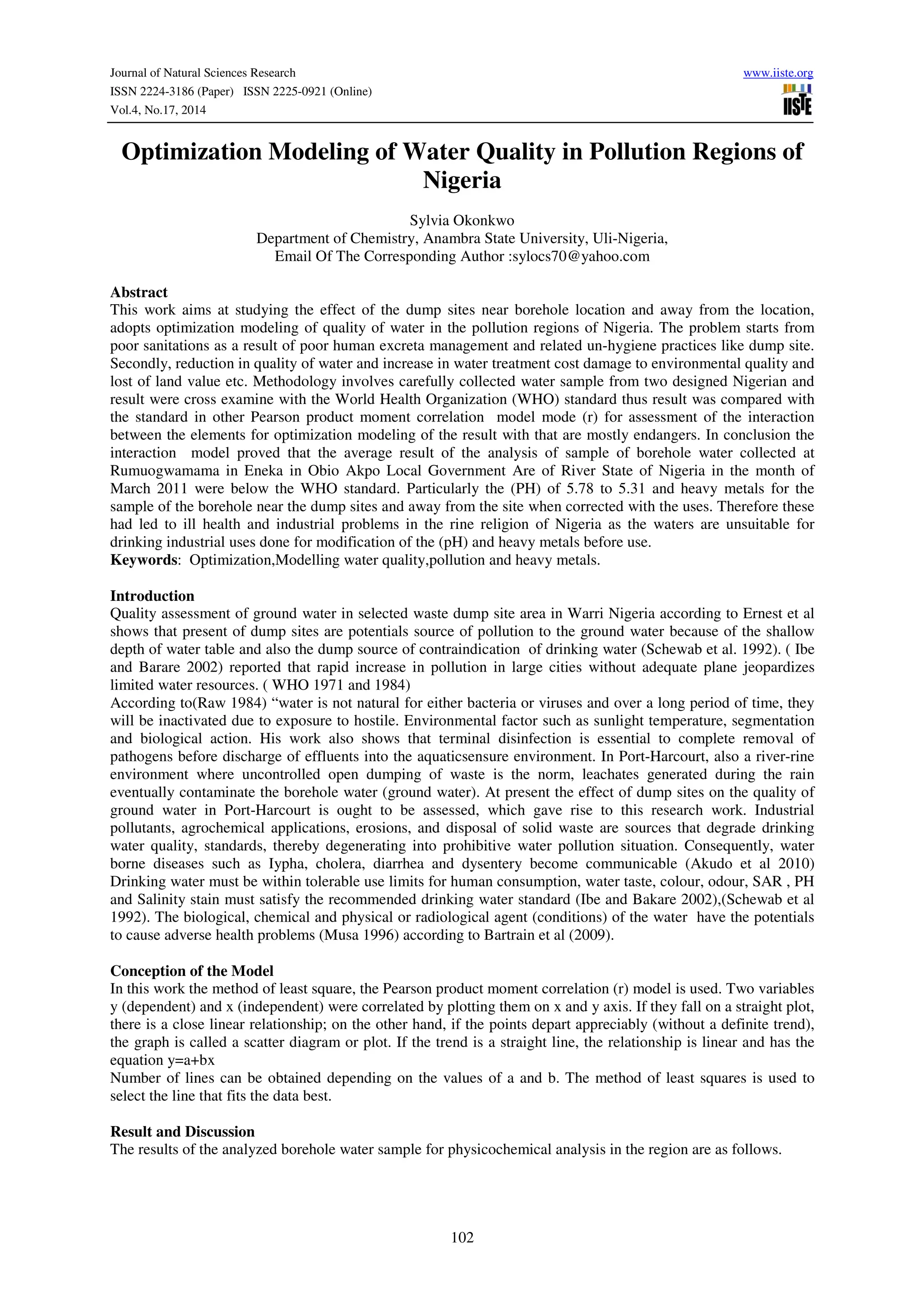 Optimization Modeling Of Water Quality In Pollution Regions Of Nigeria Pdf