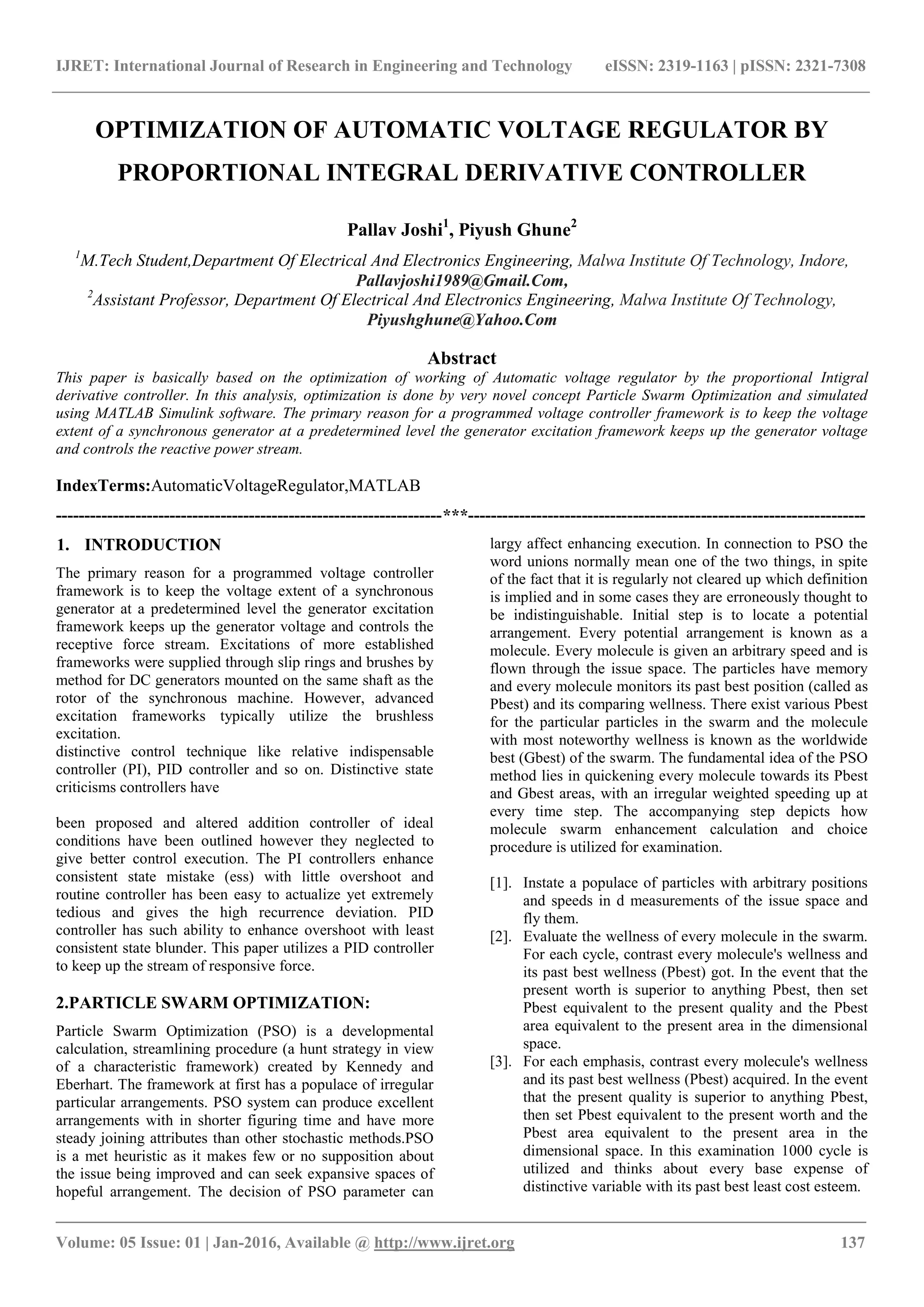 Optimization of automatic voltage regulator by proportional integral derivative controller | PDF ...