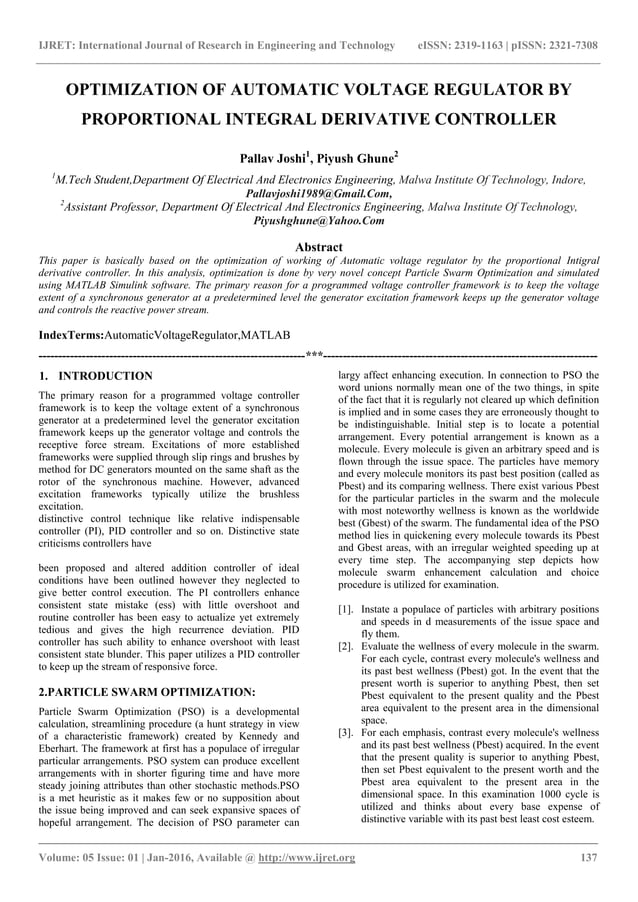 Optimization of automatic voltage regulator by proportional integral derivative controller | PDF