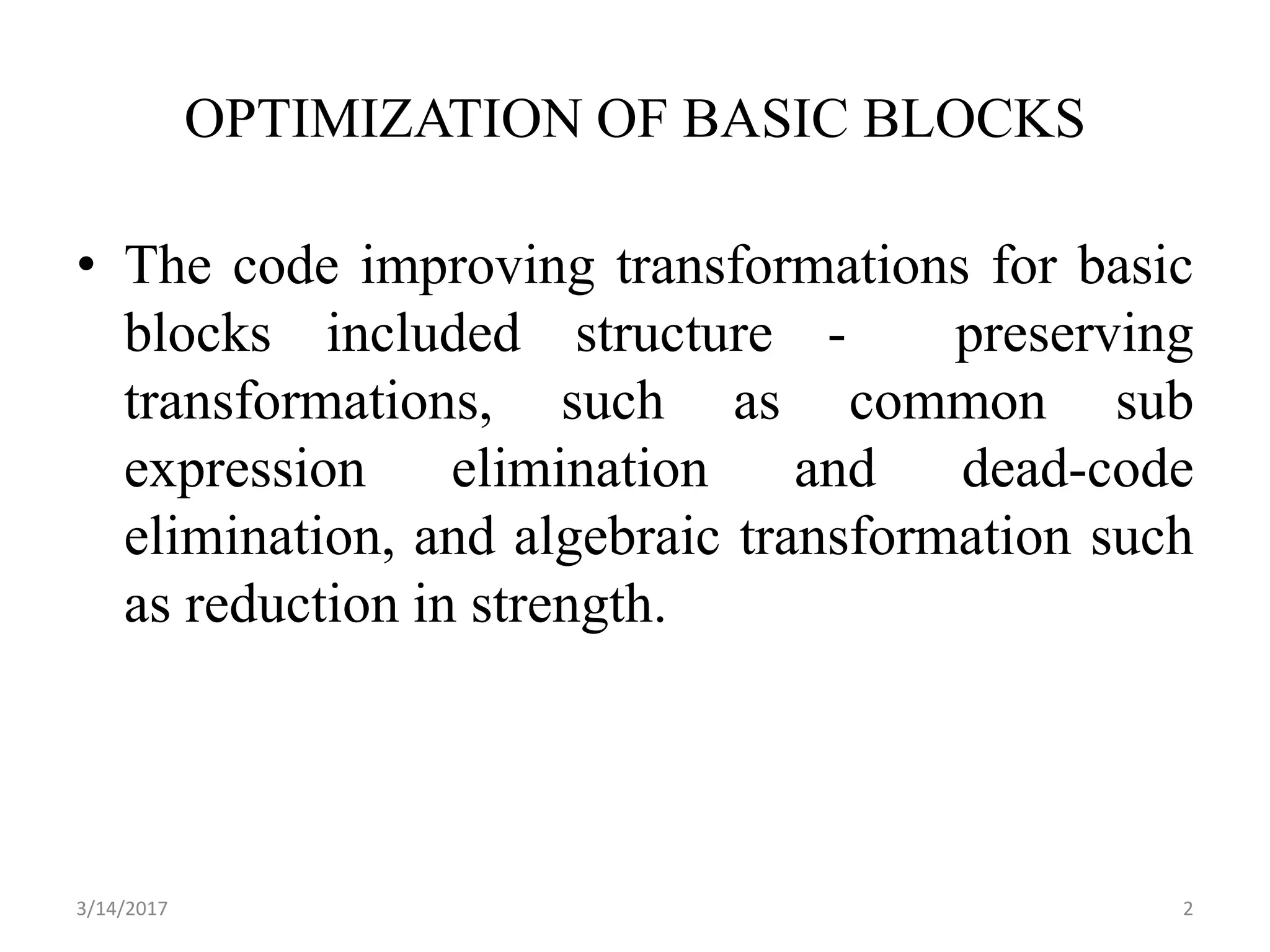 Optimization Of Basic Blocks Pptx Programming Languages Computing