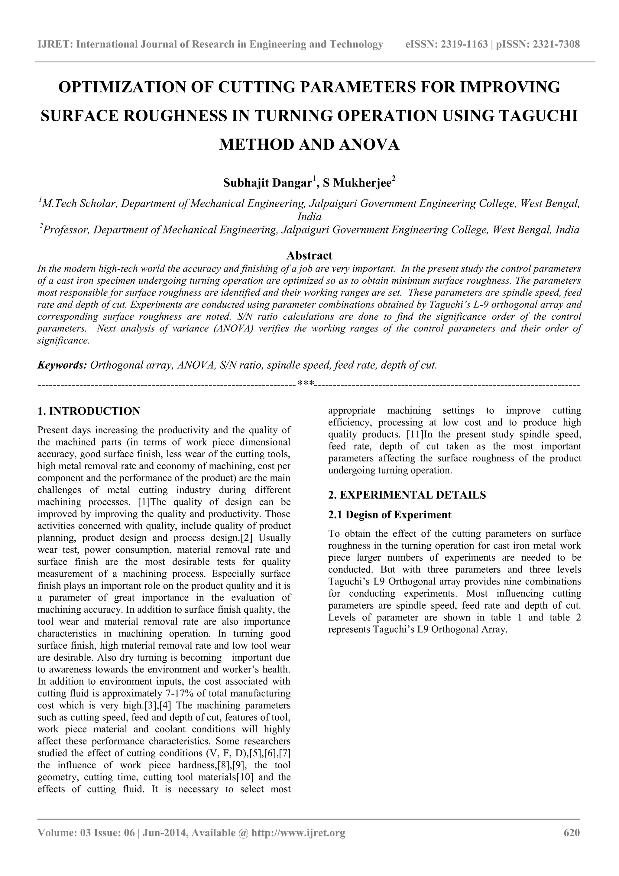 Optimization Of Cutting Parameters For Improving Surface Roughness In Turning Operation Using