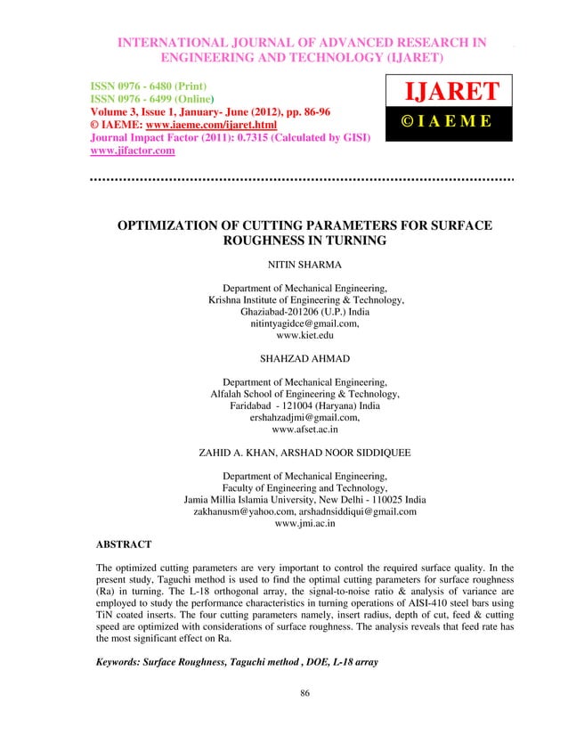 Optimization Of Cutting Parameters For Surface Roughness In Turning No