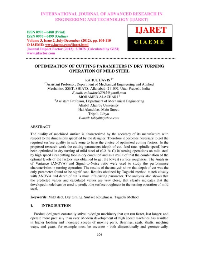 Optimization Of Cutting Parameters In Dry Turning Operation Of Mild Steel Pdf