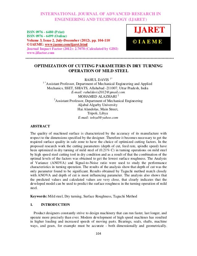Optimization Of Cutting Parameters In Dry Turning Operation Of Mild S…