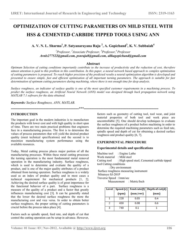 Optimization of cutting parameters on mild steel with hss & cemented ...