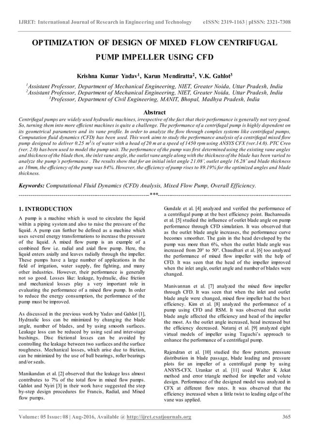 Optimization of design of mixed flow centrifugal pump impeller using cfd | PDF