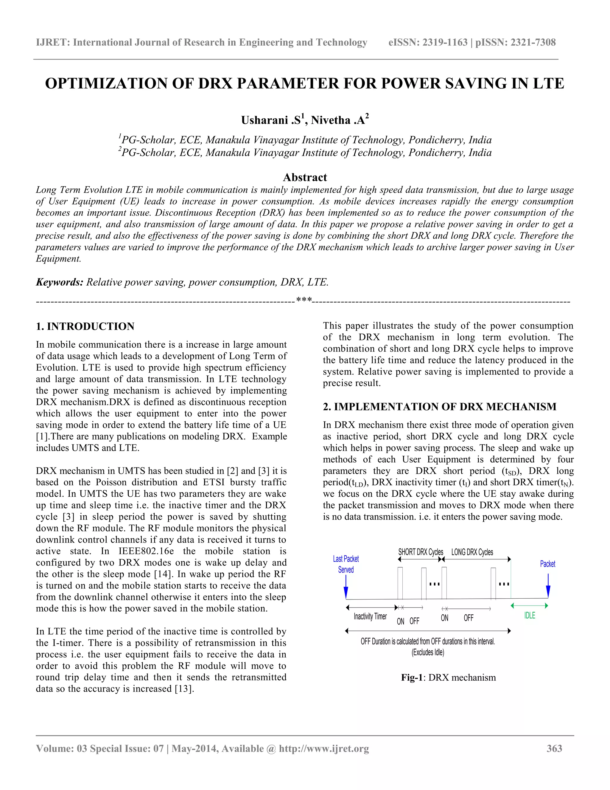 Optimization of drx parameter for power saving in lte | PDF