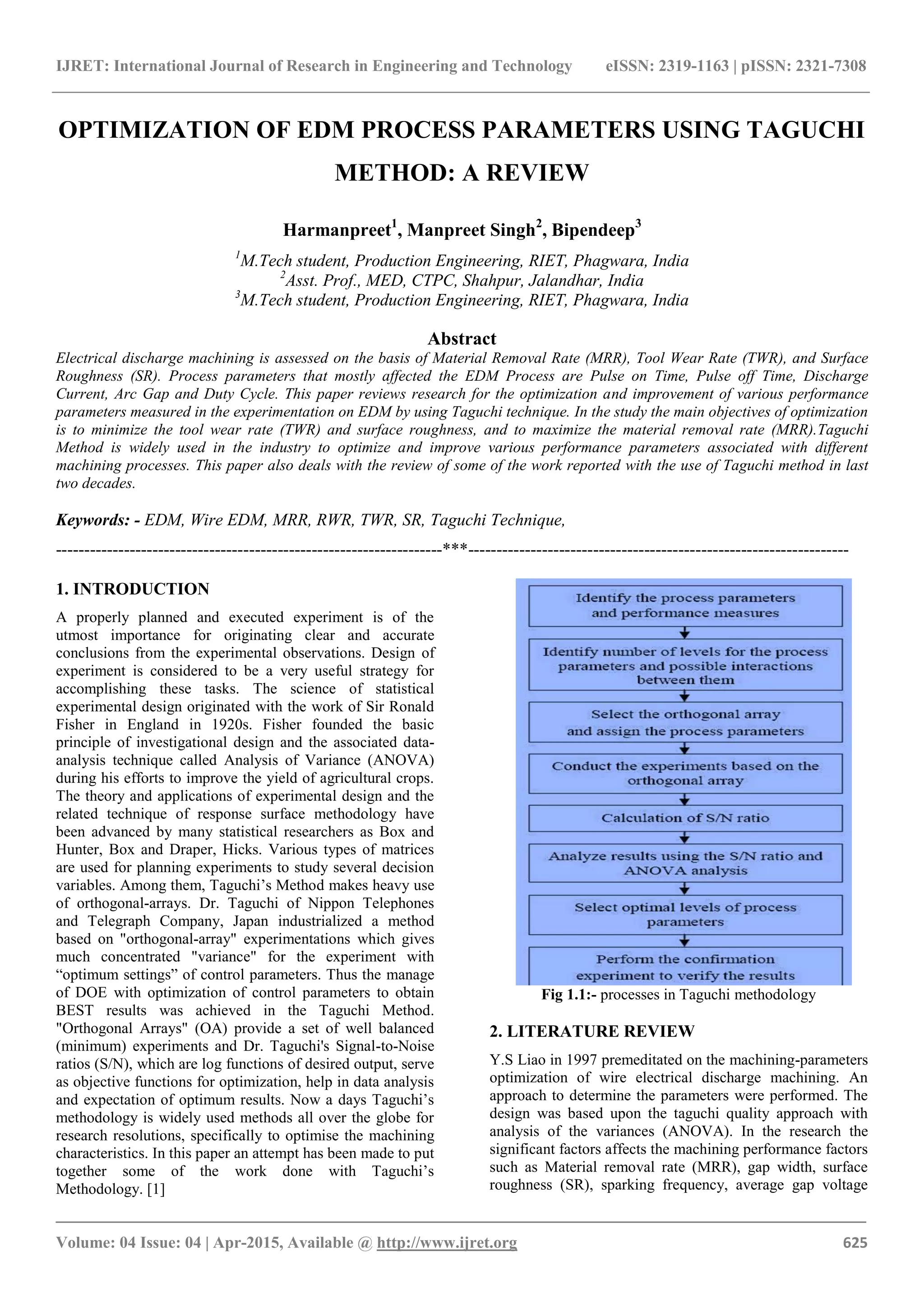 Optimization of edm process parameters using taguchi method a review | PDF