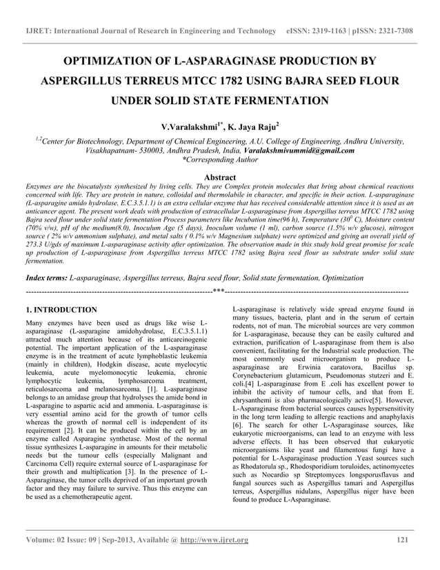 Optimization of l asparaginase production by aspergillus terreus mtcc 1782 using bajra seed ...