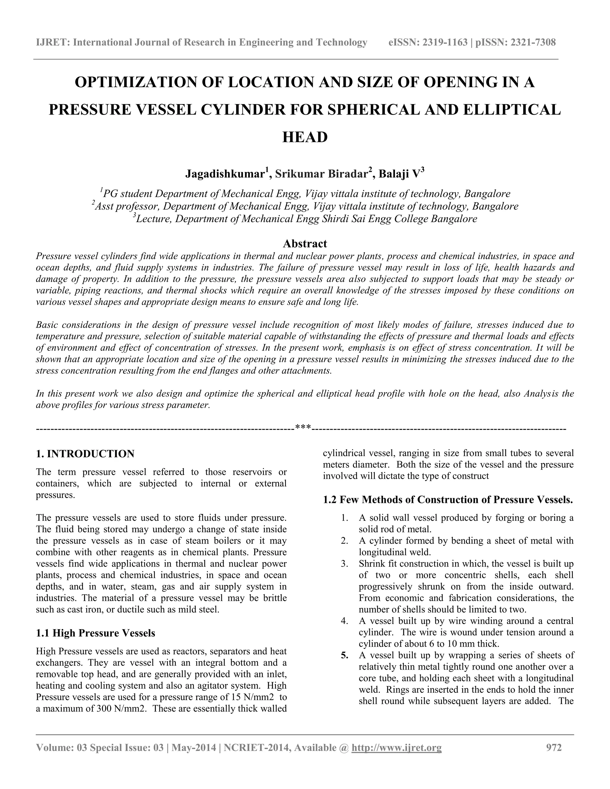 Optimization of location and size of opening in a pressure vessel ...