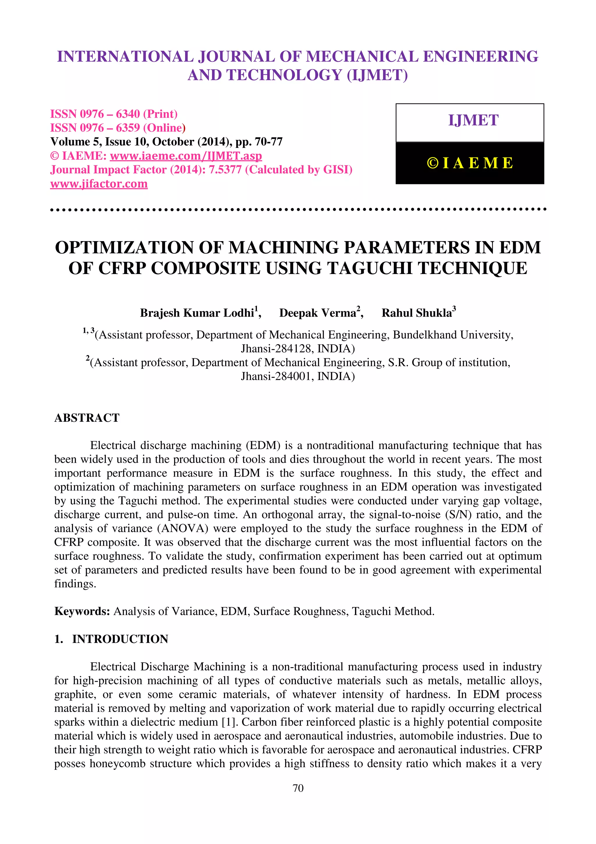 Optimization Of Machining Parameters In Edm Of Cfrp Composite Using