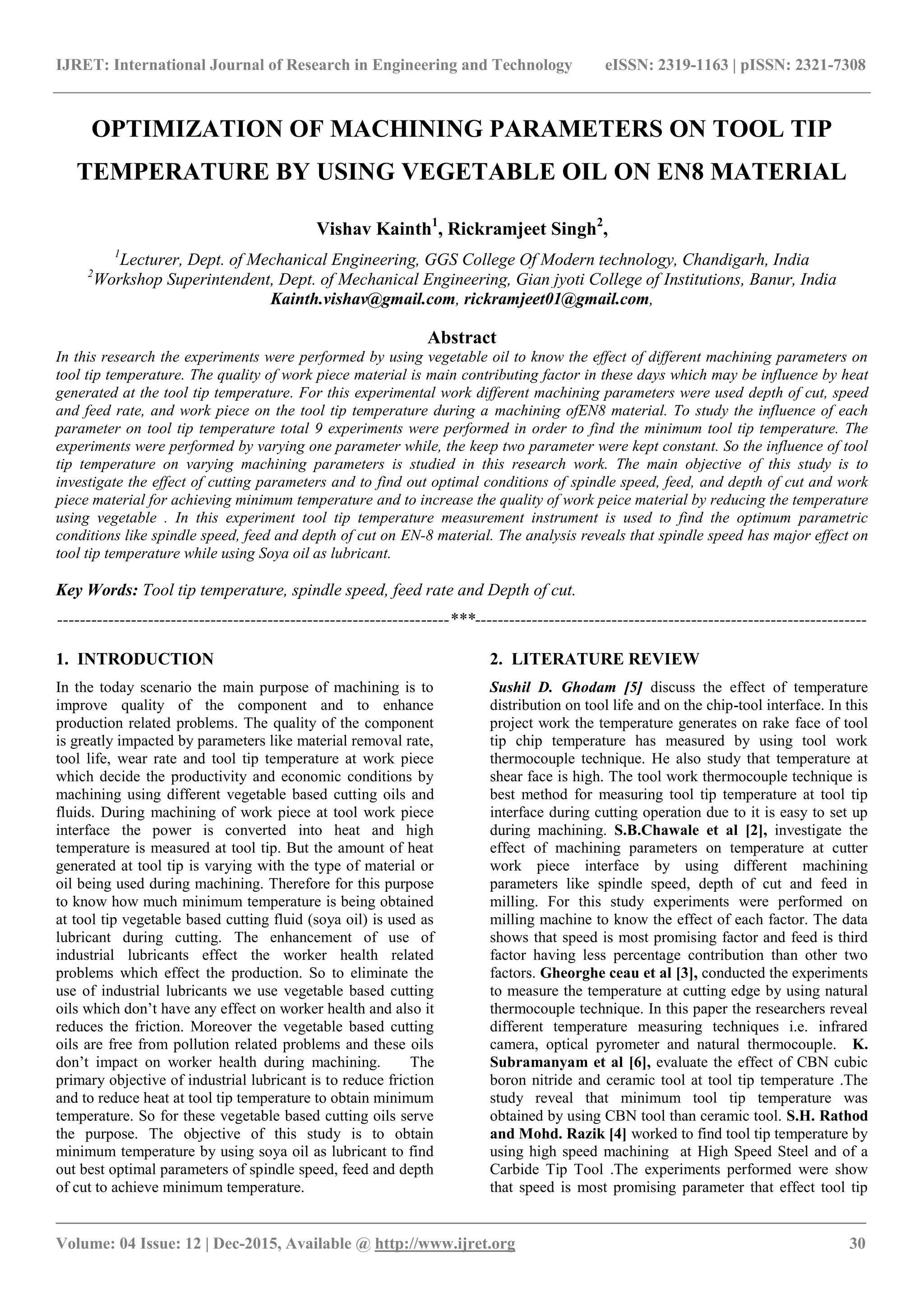 Optimization of machining parameters on tool tip temperature by using vegetable oil on en8 ...